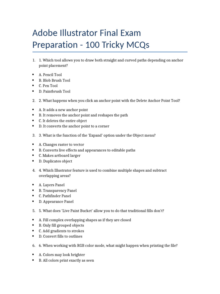 Adobe Illustrator MCQs for Exam Prep | PDF | Adobe Illustrator | Graphics