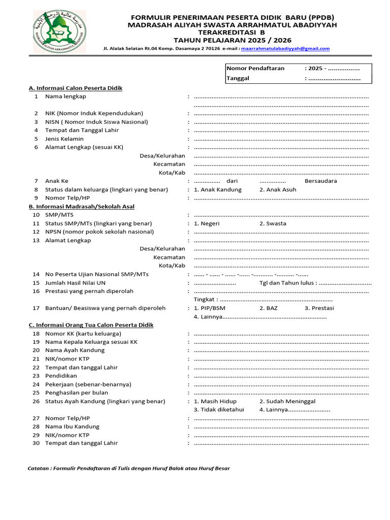 Formulir PPDB Madrasah 2025/2026 | PDF