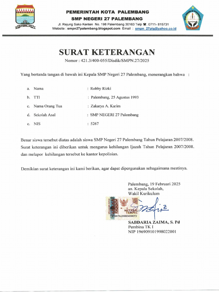 Surat Keterangan SMP Negeri 27 Palembang | PDF