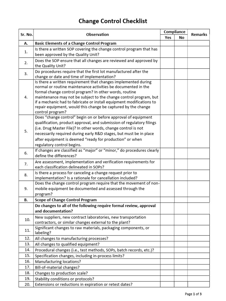 Change Control Compliance Checklist | PDF | Verification And Validation