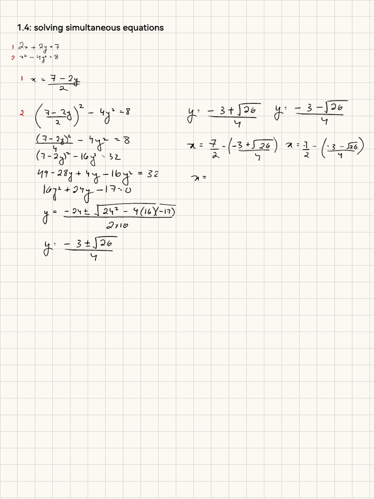 1.4 Solving Simultaneous Equations (One Linear and One Quadratic | PDF
