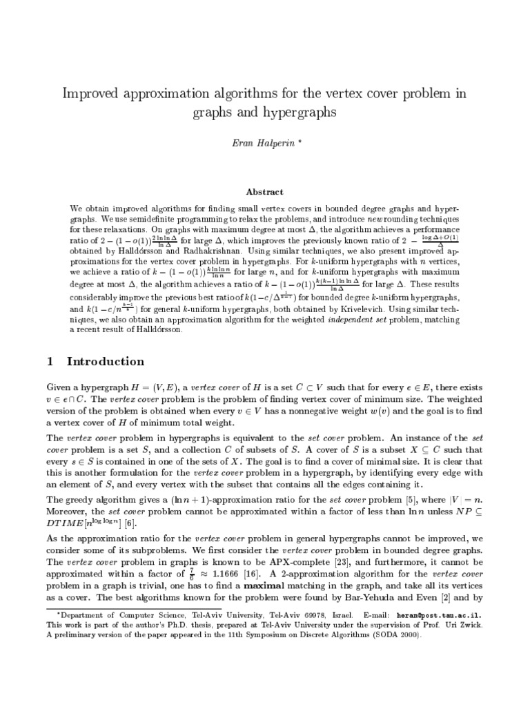 Improved Approximation Algorithms For The Vertex Cover Problem in Graphs and Hypergraphs | PDF ...