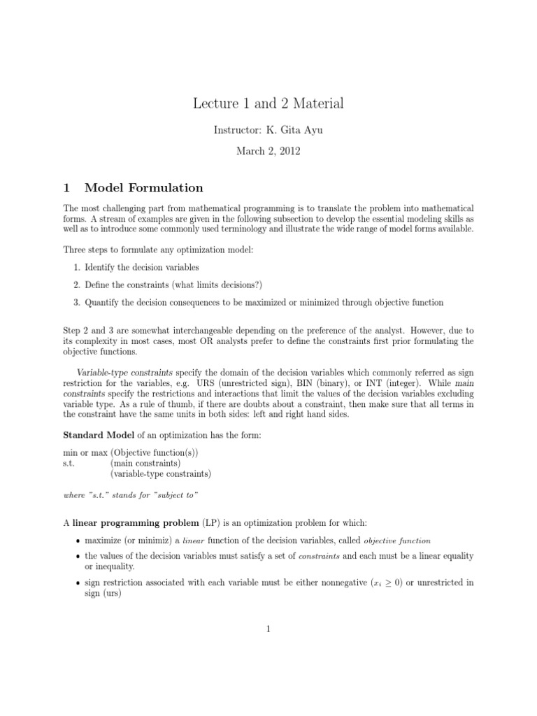 Note1 Model Formulation | PDF | Linear Programming | Net Present Value