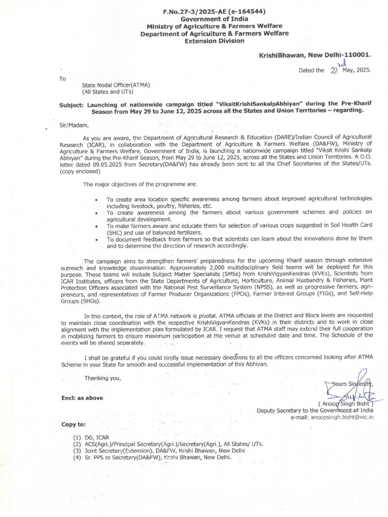 Letter To SNOs - Viksit Krishi Sankalp Abhiyan | PDF