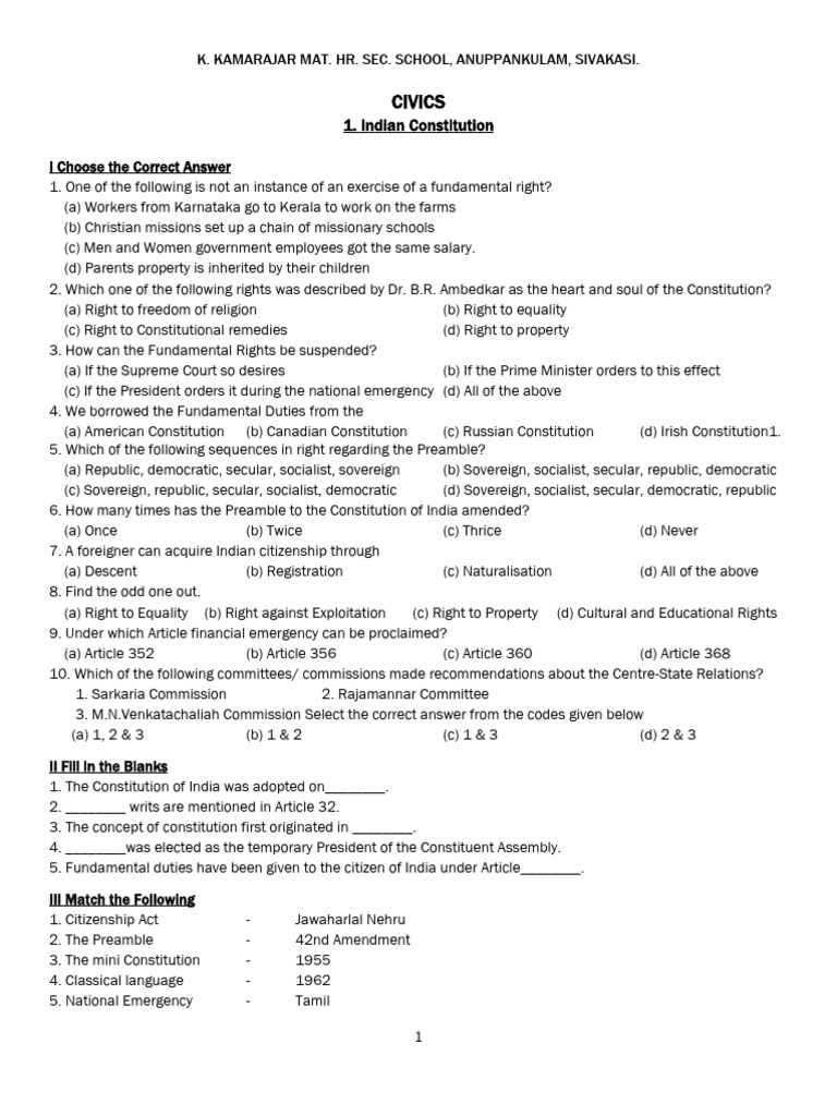 Civics Quiz on Indian Constitution | PDF | Taxes | Measures Of National ...