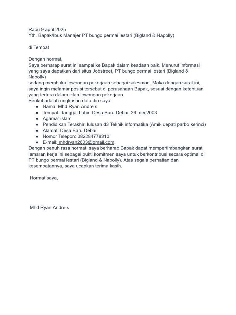 Surat Lamaran Ryan | PDF