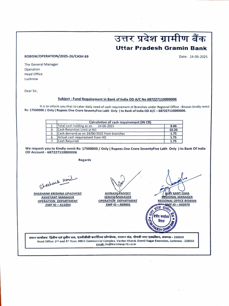 Cash Fund Request for Branch Operations | PDF | Economy Of India