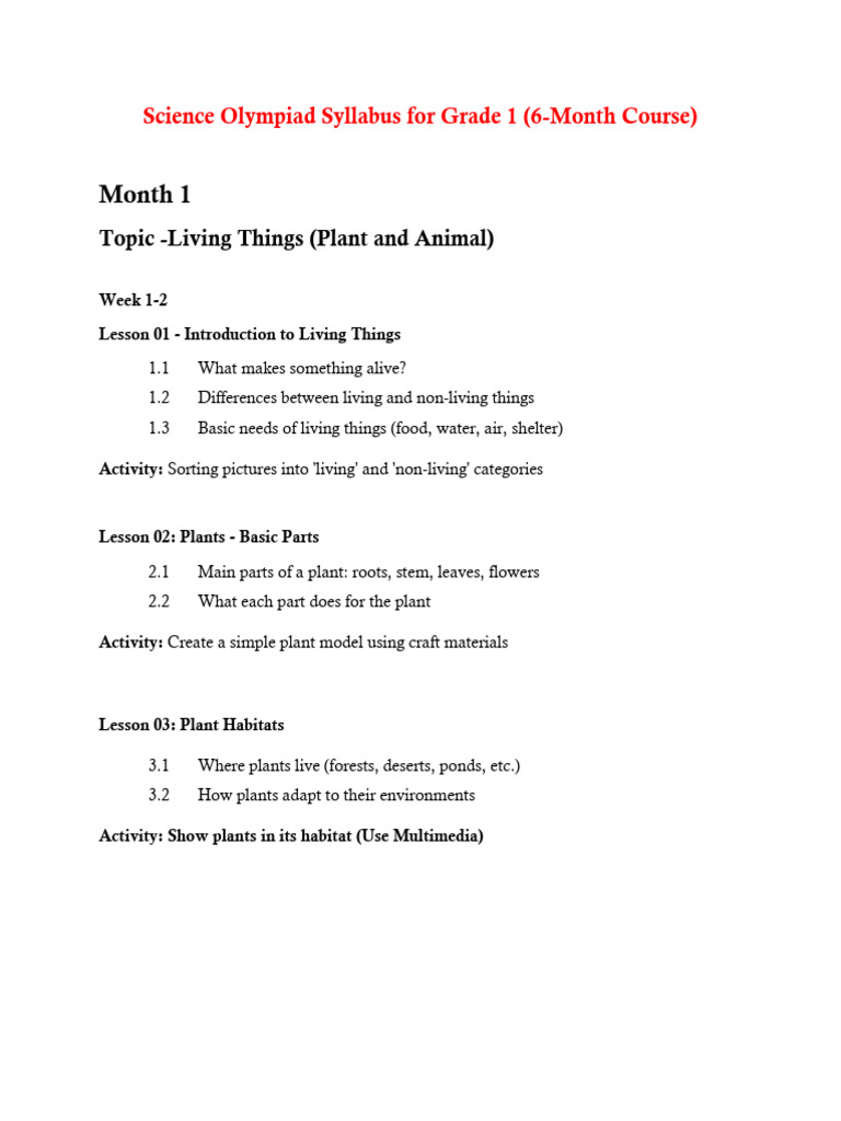 Science Olympiad Syllabus For Grade 1 | PDF | Sun | Solar System