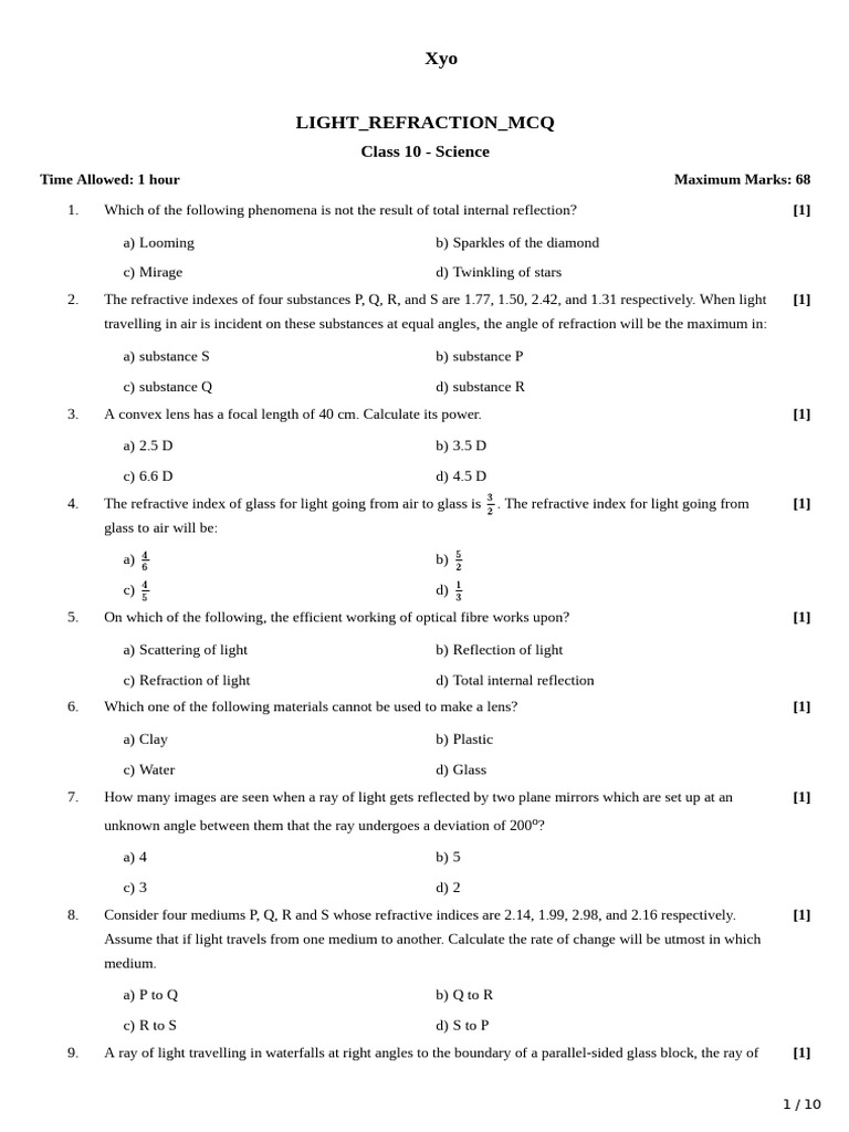 Light - Question - Refraction - MCQ | PDF | Refraction | Refractive Index