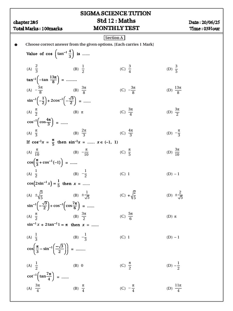 Std 12 Maths Monthly Test Paper | PDF | Elementary Geometry ...