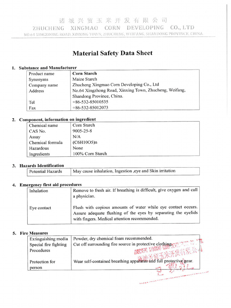 MSDS Corn Starch Xingmao | PDF