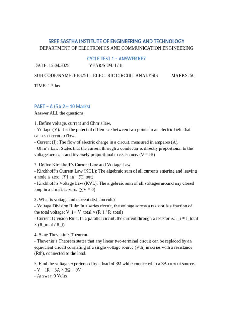 Electric Circuit Analysis Test Answers | PDF | Series And Parallel ...