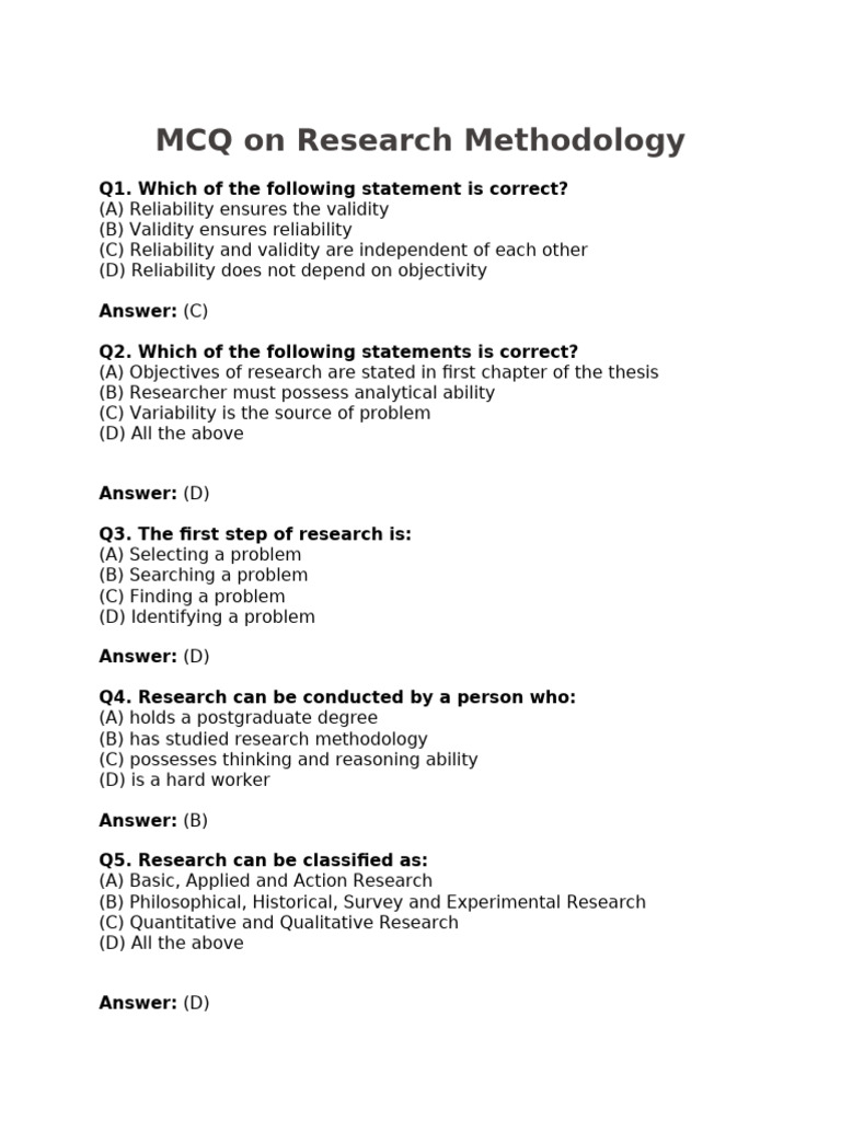 MCQs on Research Methodology Basics | PDF | Sampling (Statistics ...
