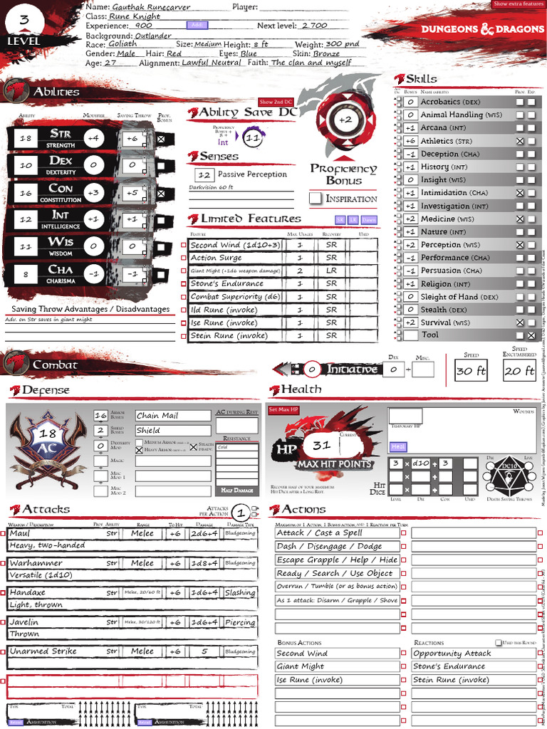 Goliath Rune Knight Character Sheet | PDF | Dungeons & Dragons