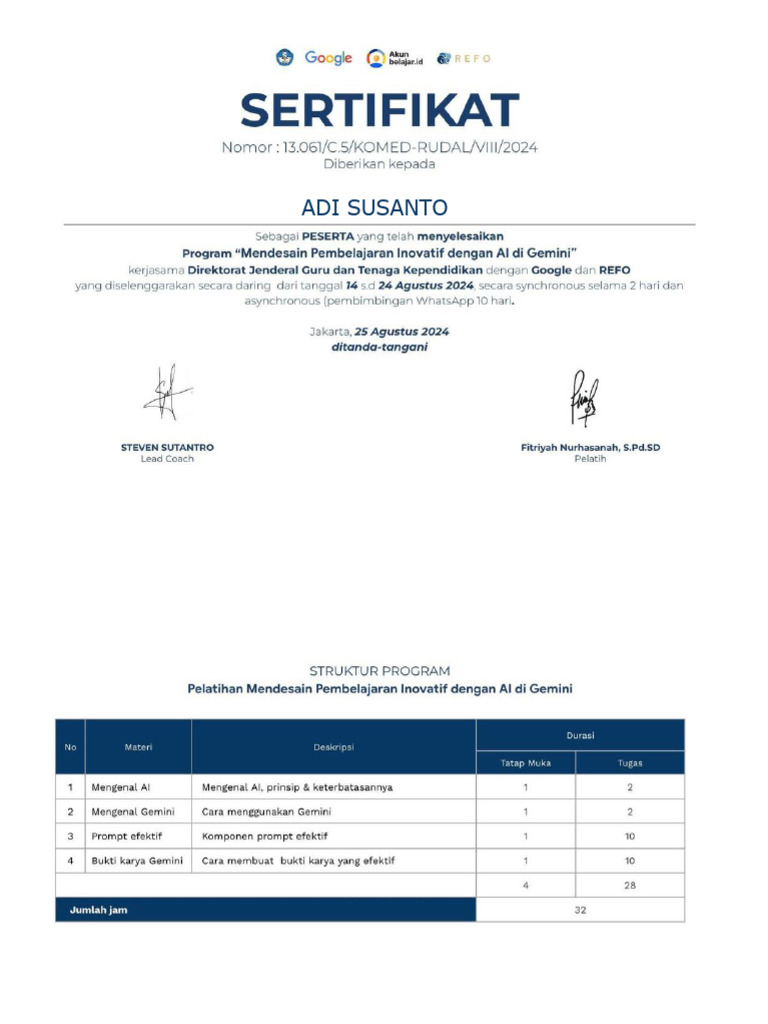 Sertifikat Pelatihan Gemini ADI | PDF