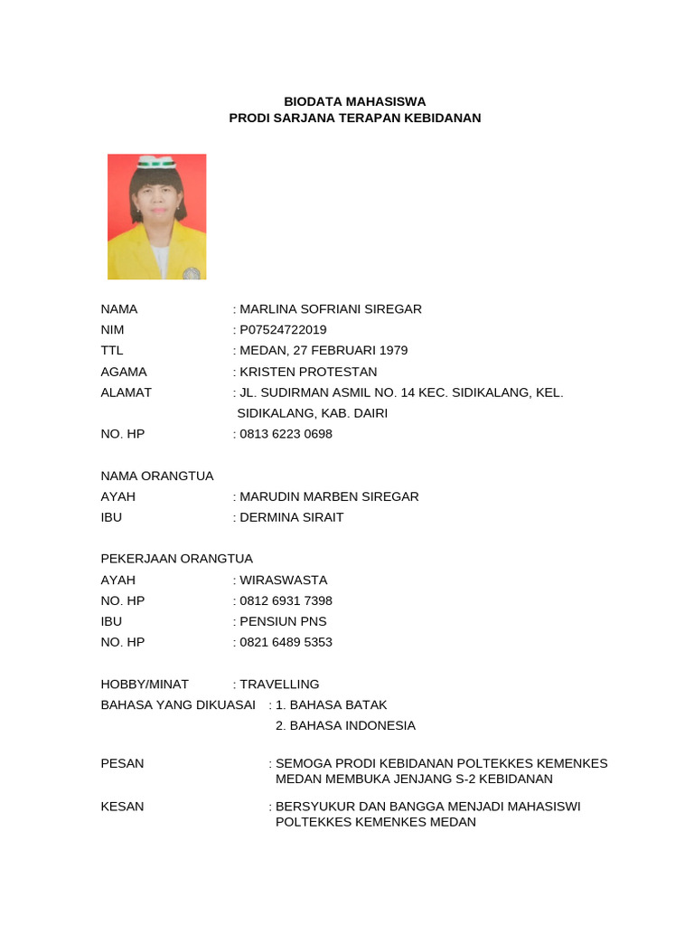 Biodata Marlina Sofriani Siregar | PDF