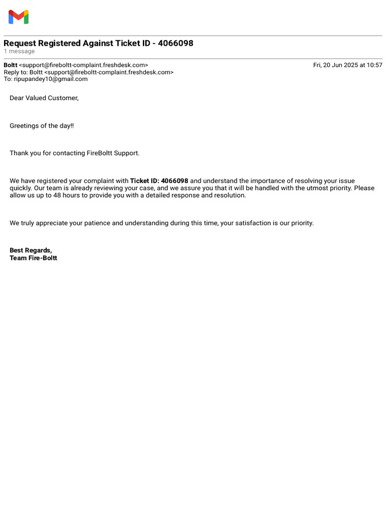 Gmail - Request Registered Against Ticket ID - 4066098 | PDF
