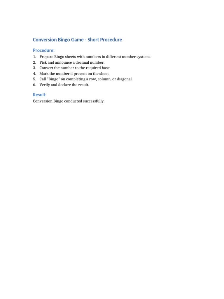 Conversion Bingo Game Short Procedure | PDF