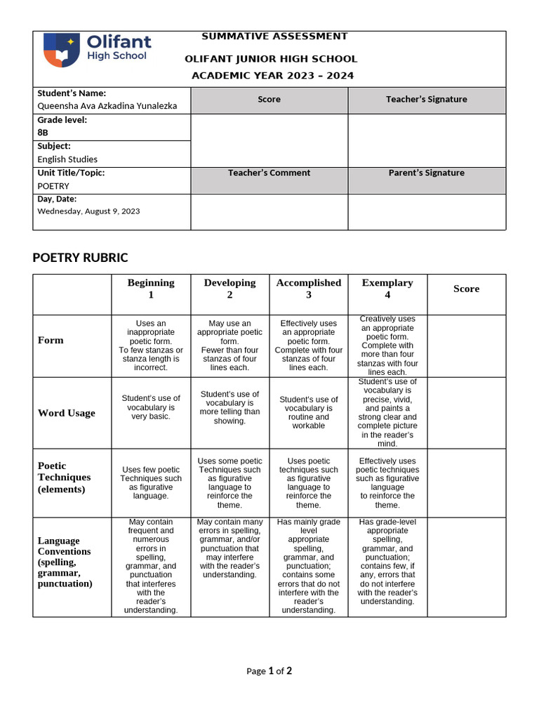 Poetry Assessment Rubric for 8B | PDF | Poetry | Writing
