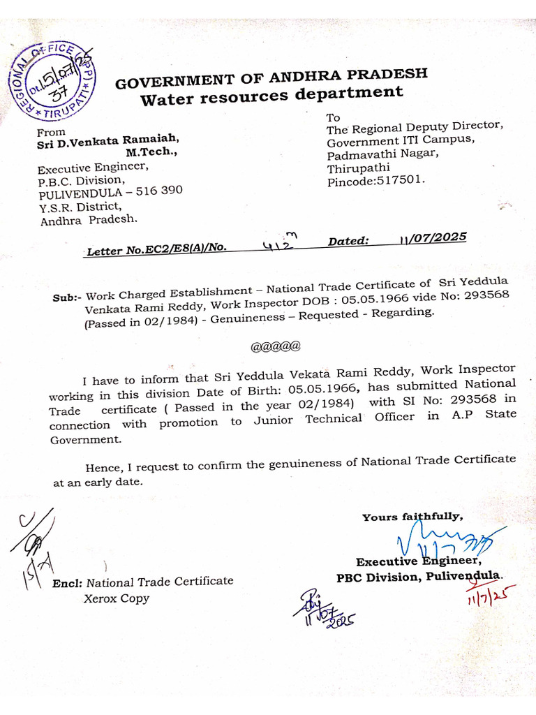 National Trade Certificate of Sri Yeddula Venkata Rami Reddy Work Inspector Genuineness | PDF