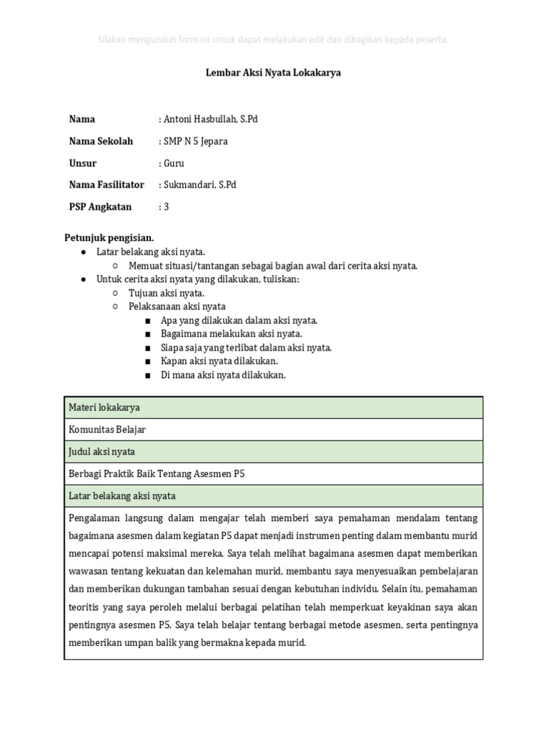 Lembar Aksi Nyata Lokakarya_Antoni Hasbullah | PDF