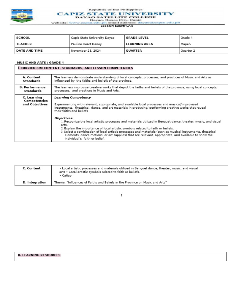 Lesson-plan-MAPEH FOR TEACHING | PDF | Learning | Teachers