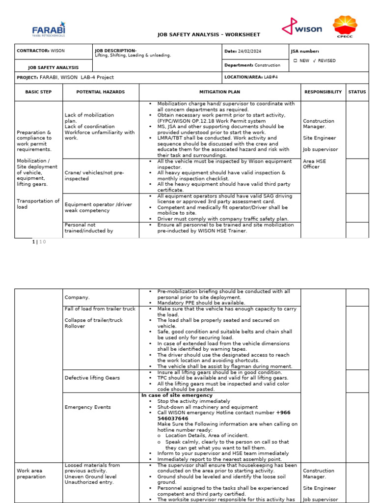 JSA For Lifting Activities | PDF | Crane (Machine) | Safety