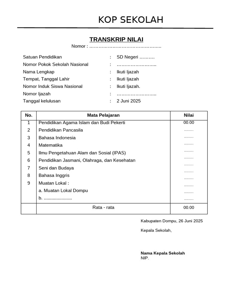 Transkrip Nilai SD SMP 2025-1 | PDF