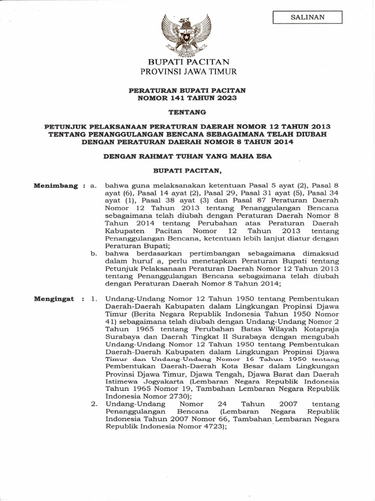 PERBUP 141 Tahun 2023 Tentang Penanggulangan Bencana | PDF