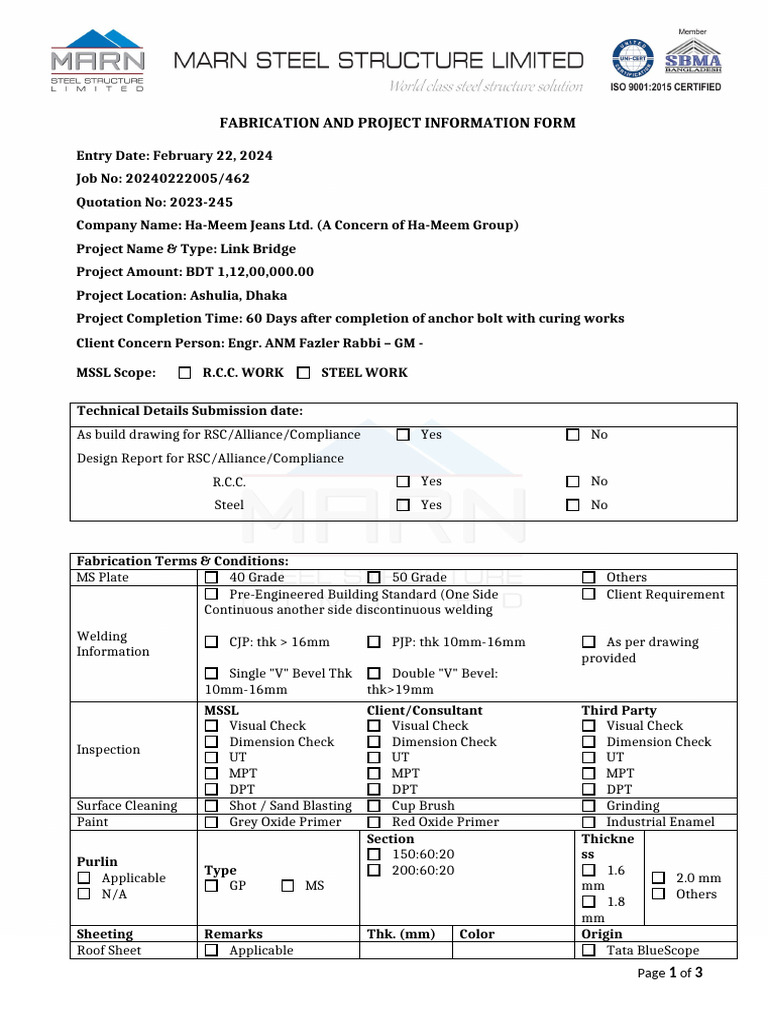 Fabrication and Project Information Form (REV01) | PDF | Materials ...