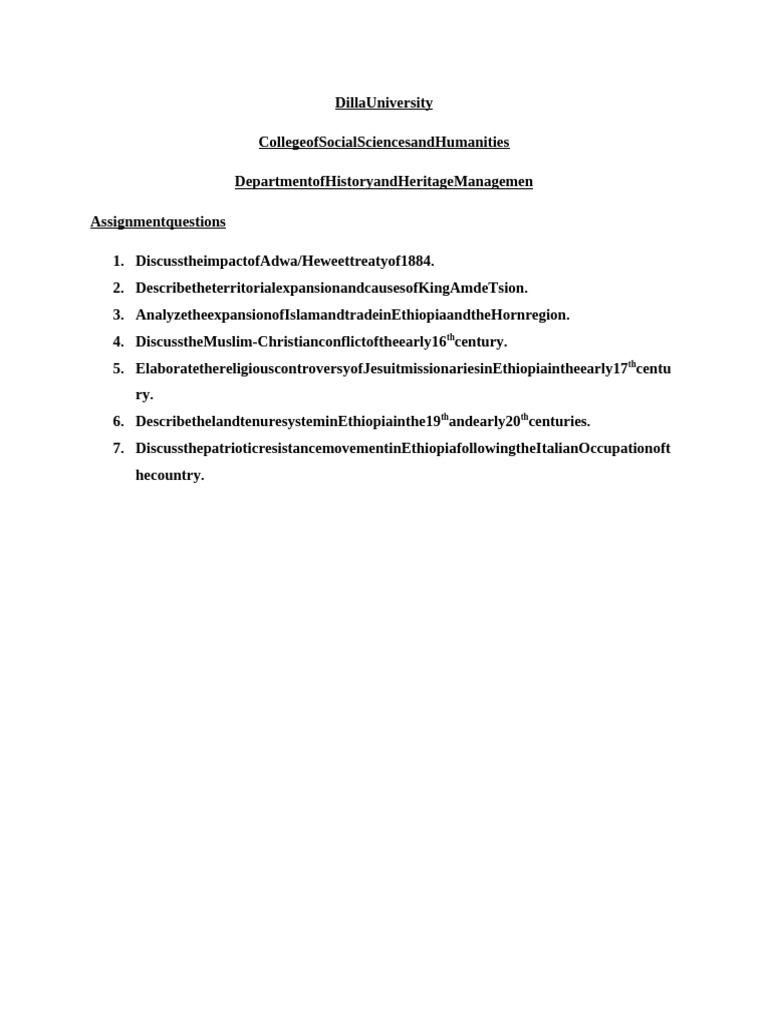 Ethiopian History Assignment Questions | PDF