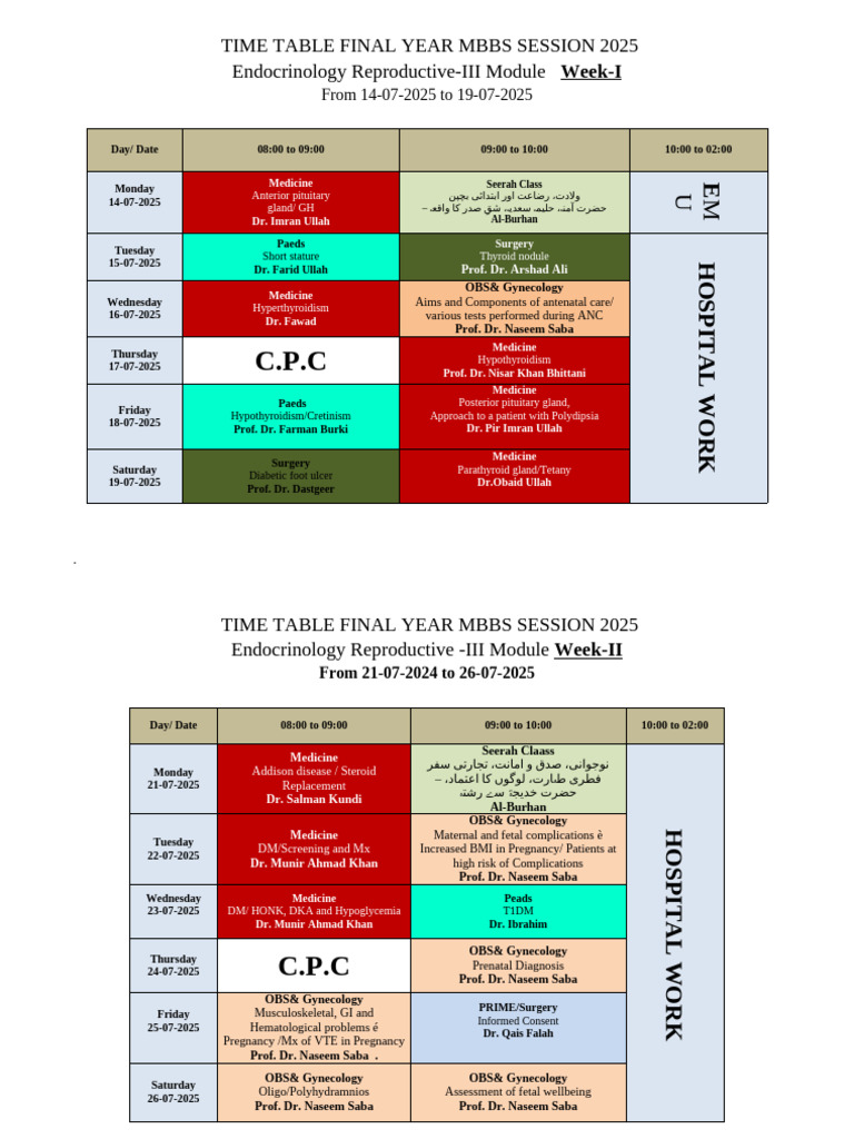 Final Year MBBS, Endocrine Timetable | PDF | Endocrine System ...