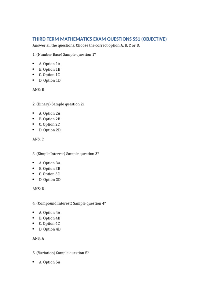 SS1 Math 100 Objective Questions | PDF | Mathematical Concepts ...