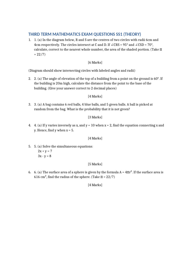 SS1 Math Theory Questions Similar Format | PDF