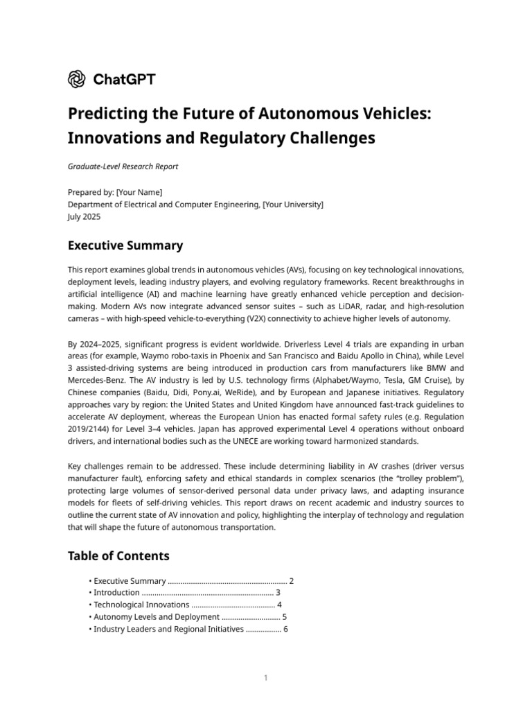 Predicting The Future of Autonomous Vehicles - Innovations and Regulatory Challenges | PDF ...