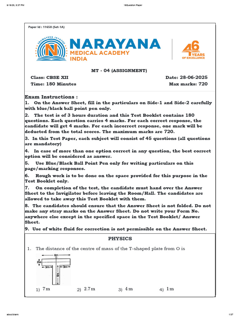 MT - 04 (Assignment) (28-06-2025) - QP - 11658 | PDF | Rotation | Physical Phenomena
