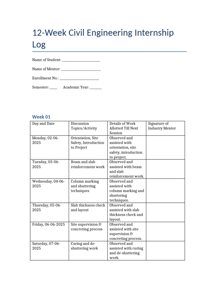 Civil Internship 12 Weeks Report | PDF | Building Engineering | Mechanical Engineering