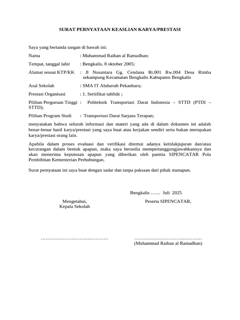 Surat Pernyataan Prestasi | PDF