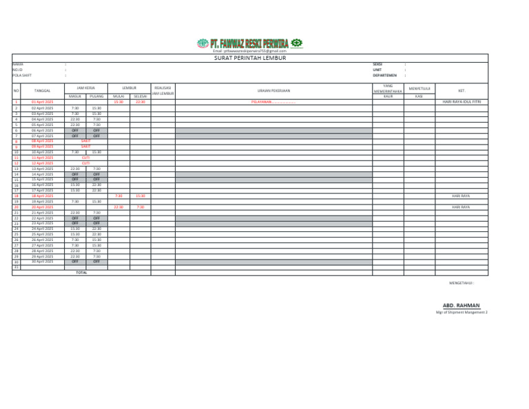 Contoh Pengisian Absen Bulanan PT FRP Area Wisma & RT | PDF