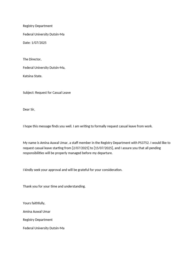 Casual Leave Request - Amina Umar | PDF