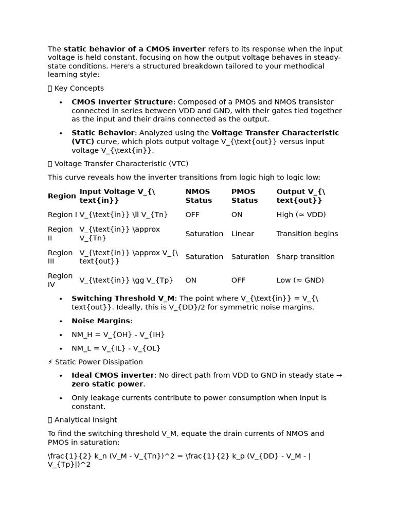 Static Behavior of CMOS Inverters | PDF