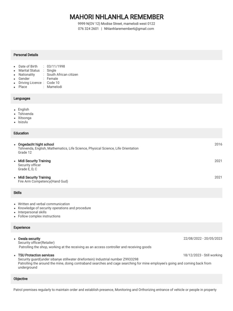 Gwala Security Officer Profile | PDF