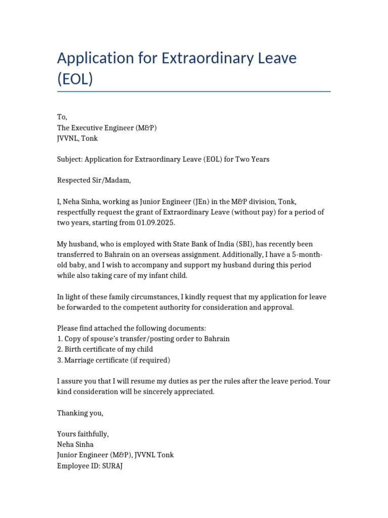 Extraordinary Leave Application Neha Sinha | PDF