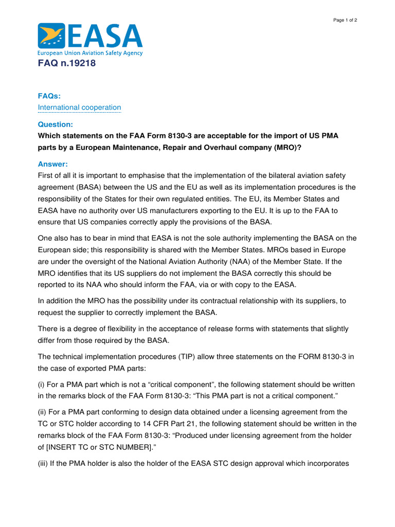 EASA Guidelines for US PMA Parts | PDF | Aviation