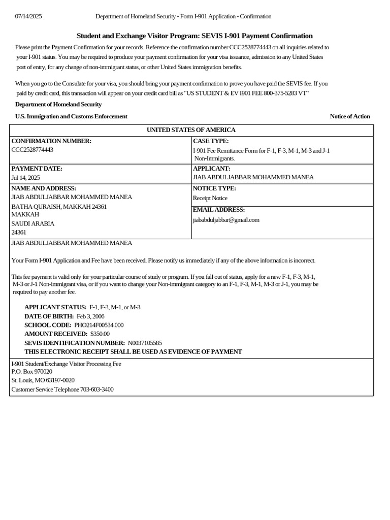 I-901 SEVIS Fee Payment Confirmation | PDF | Travel Visa | Credit Card