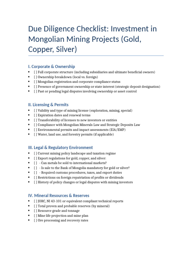 Mongolia Mining Investment Due Diligence Checklist | PDF | Mining | Taxes