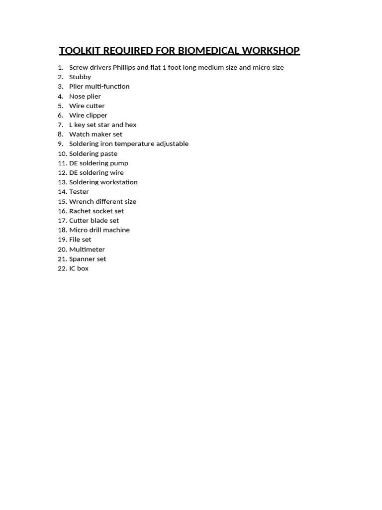 Toolkit Required For Biomedical Workshop | PDF