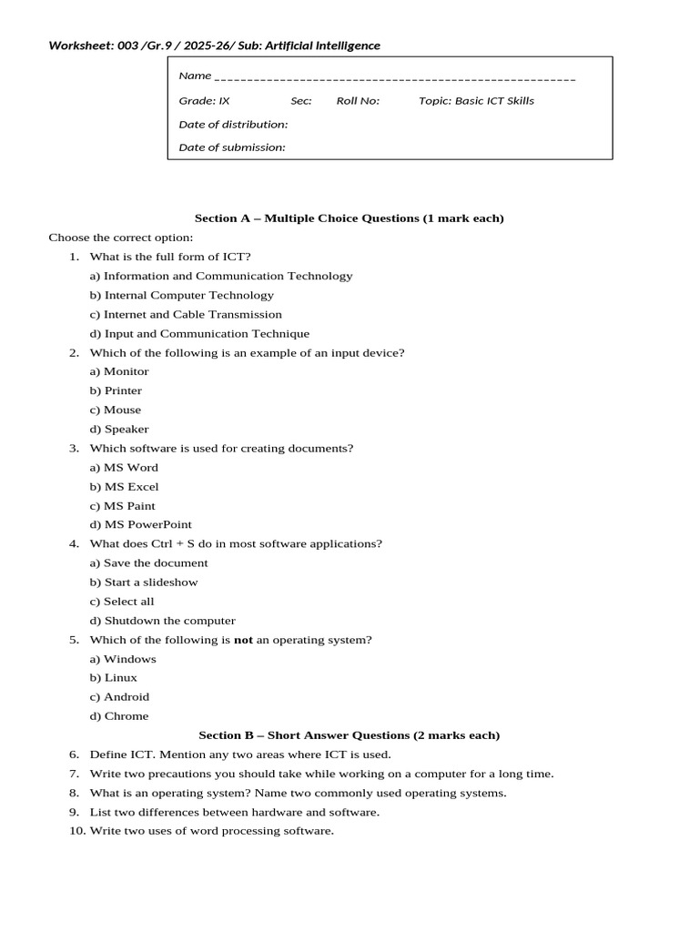 Worksheet ICT Skills Class 9 AI | PDF | Educational Technology ...