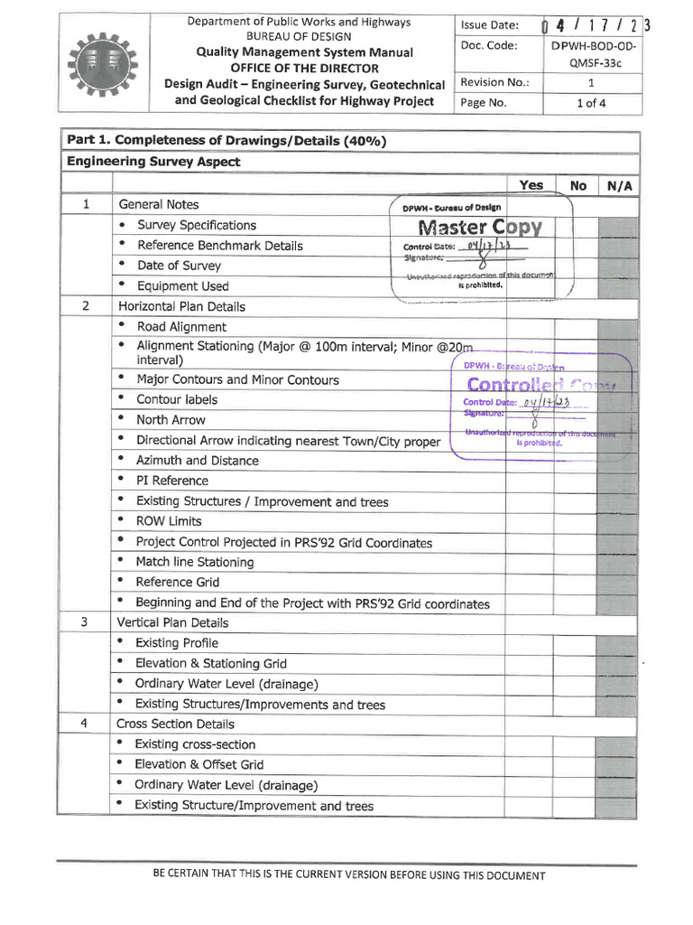 Checklist Design Highways Surveys | PDF