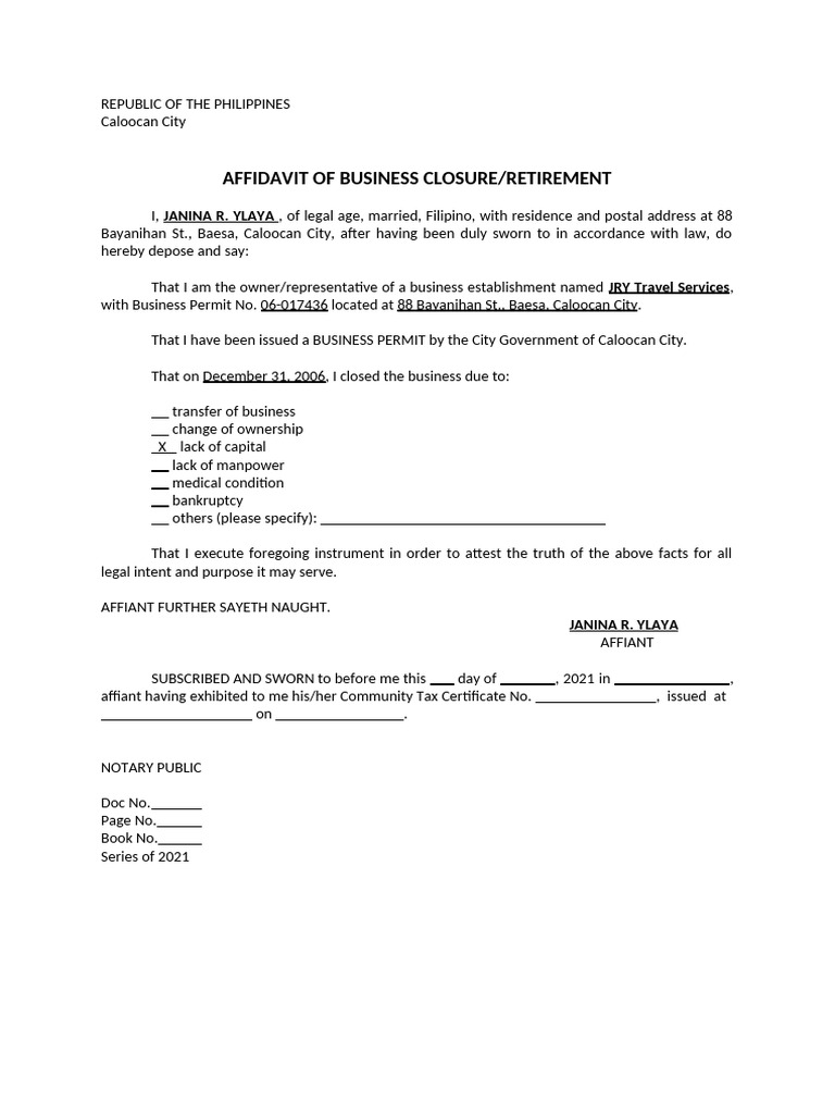 Affidavit of Business Closure in Caloocan | PDF